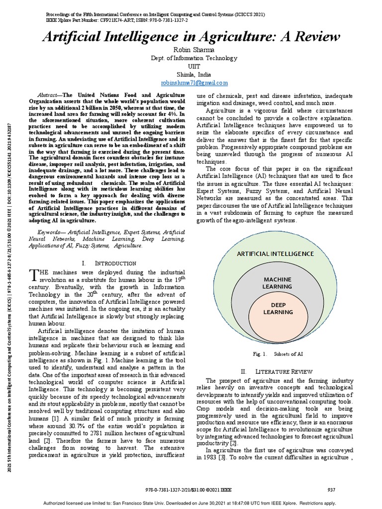 Artificial Intelligence in Agriculture: A Review: Robin Sharma | PDF ...