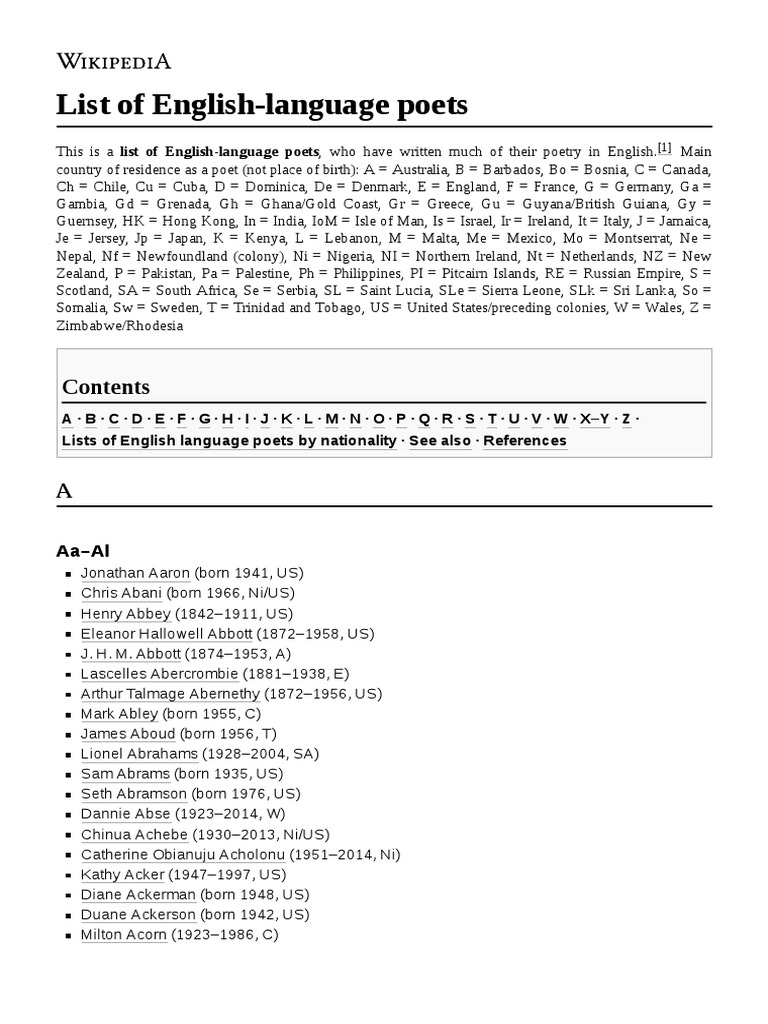List of English-Language Poets: Aa-Al | Download Free PDF | Poetry ...