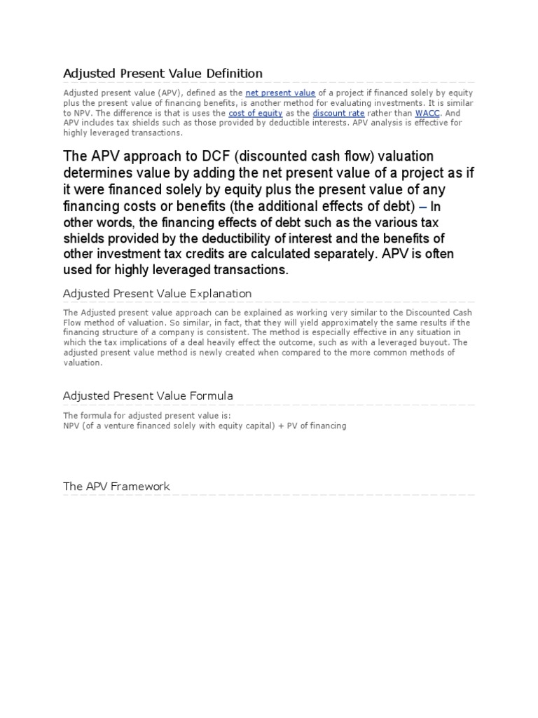 Adjusted Present Value Explanation | PDF | Net Present Value ...