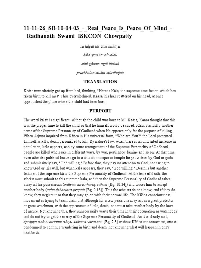 11-11-26 SB-10!04!03 - Real Peace Is Peace of Mind - Radhanath Swami ISKCON Chowpatty | PDF ...