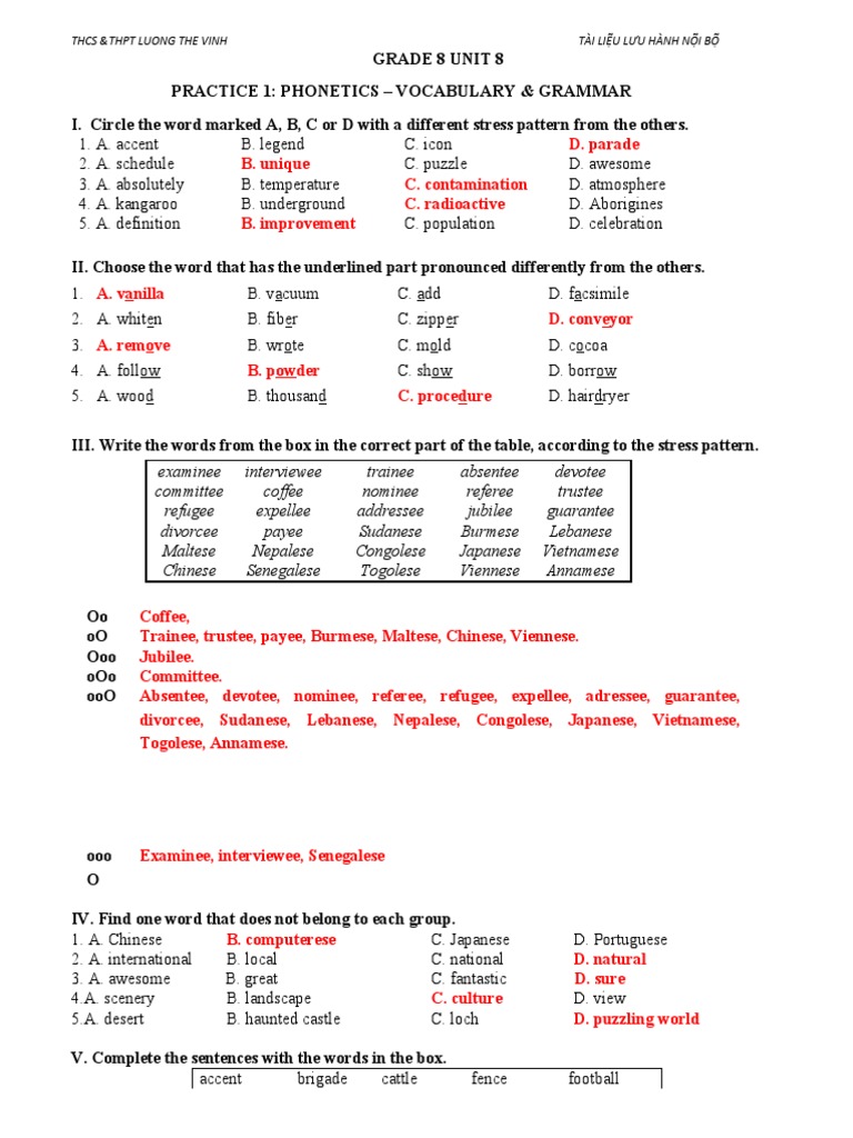 GRADE 8 UNIT 8 Practice 1 - HS | PDF