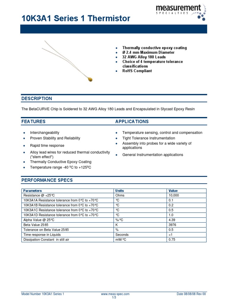 10K3A1 Series 1 Thermistor: Description | PDF | Electrical Resistance ...