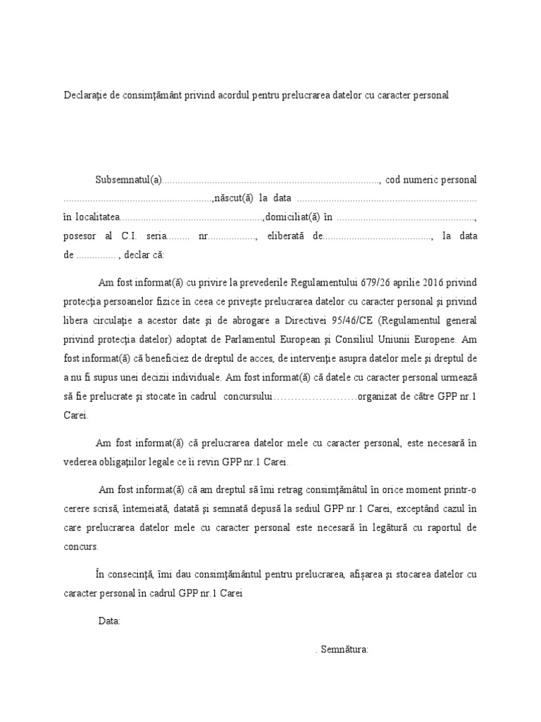 Declaraţie de Consimţământ Privind Acordul Pentru Prelucrarea Datelor Cu Caracter Personal | PDF