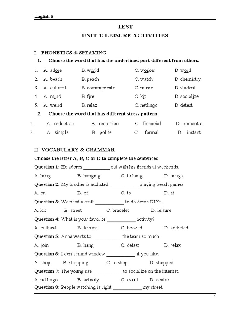 Test Unit 1: Leisure Activities: English 8 | PDF | Leisure