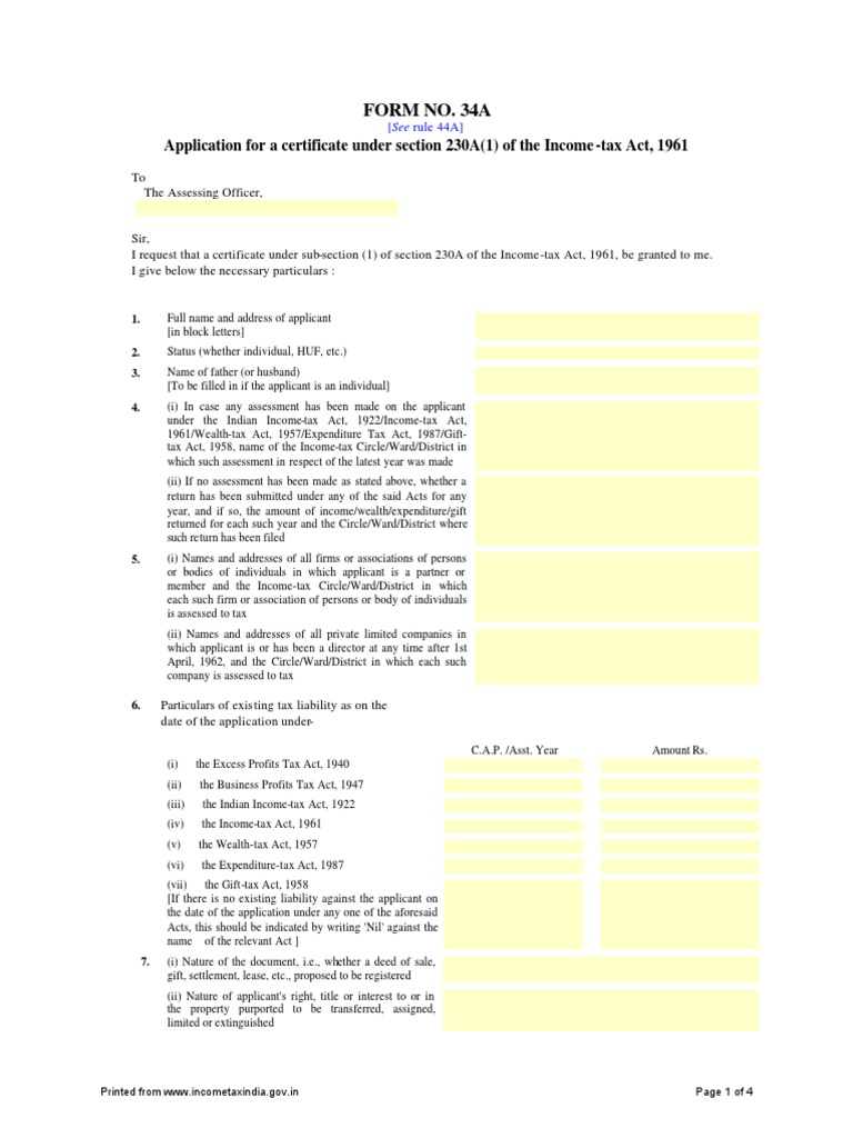 Form No. 34A: Application For A Certificate Under Section 230A (1) of ...