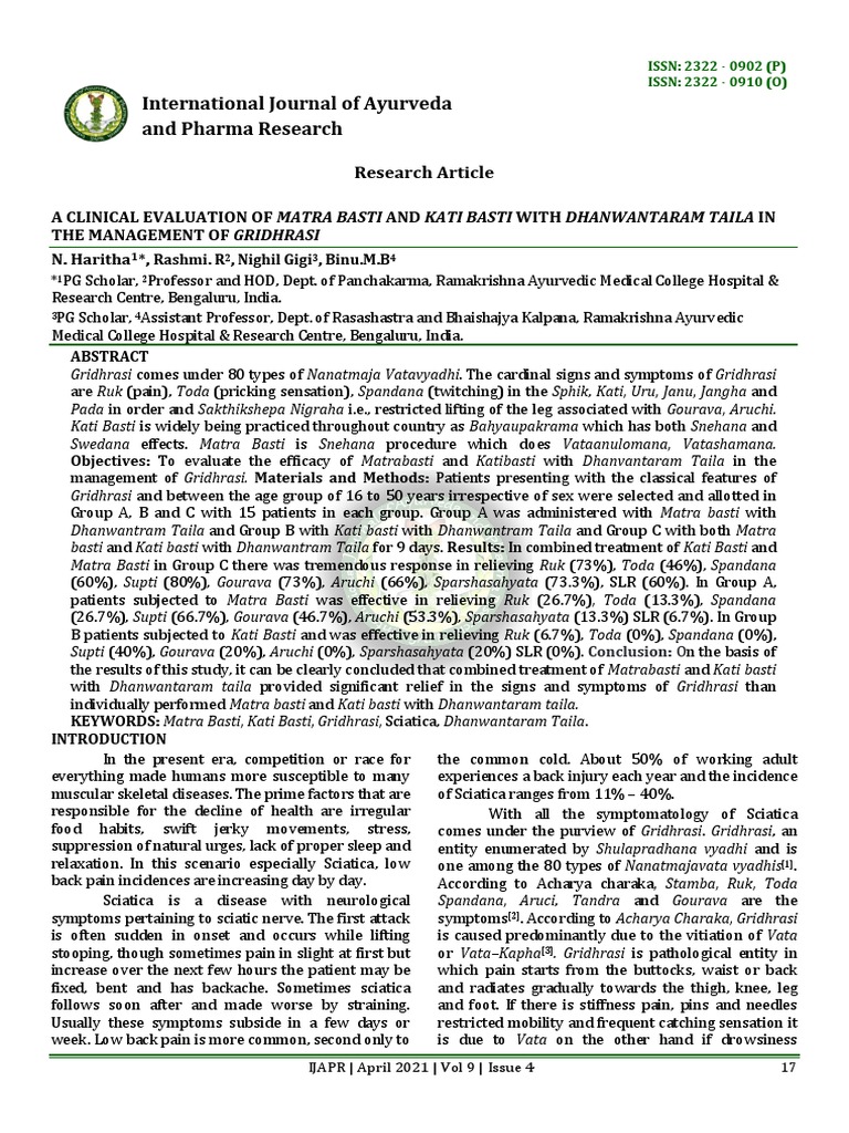 A Clinical Evaluation of Matra Basti and Kati Basti With Dhanwantaram ...