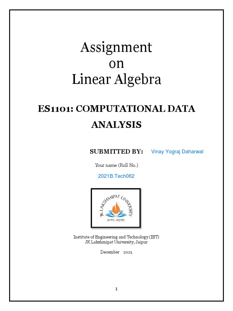 Assignment On Linear Algebra: Es1101: Computational Data Analysis | PDF ...