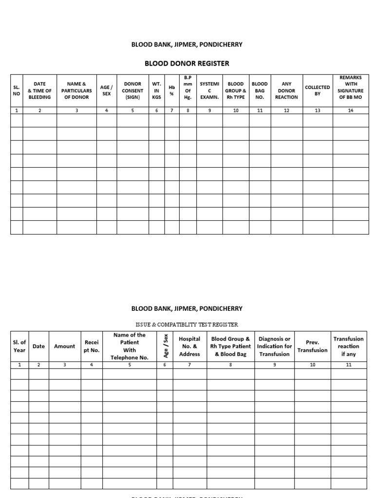 Blood Donor Register: Blood Bank, Jipmer, Pondicherry | PDF | Blood ...