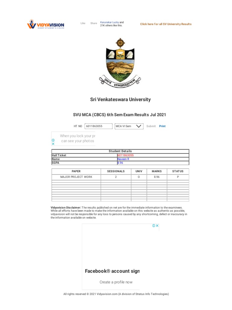 Sri Venkateswara University: SVU MCA (CBCS) 6th Sem Exam Results Jul ...