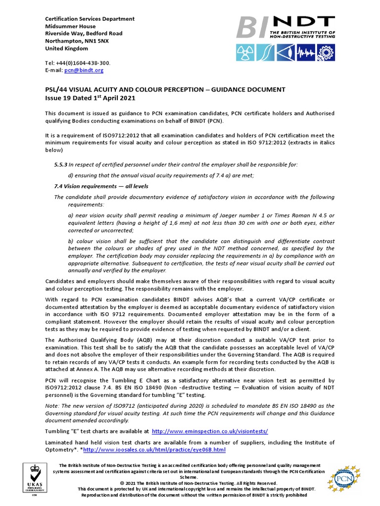 PSL 44 Vision Requirements PDF Nondestructive Testing Visual Acuity