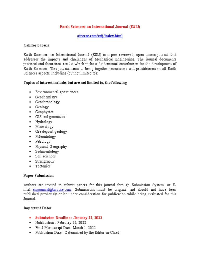 Call for Papers: Earth Sciences Journal | PDF
