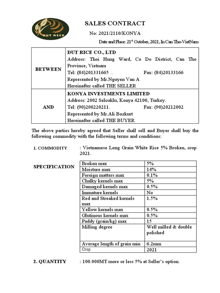 Sales Contract: Dut Rice Co., LTD | PDF | Business Law | Civil Law ...