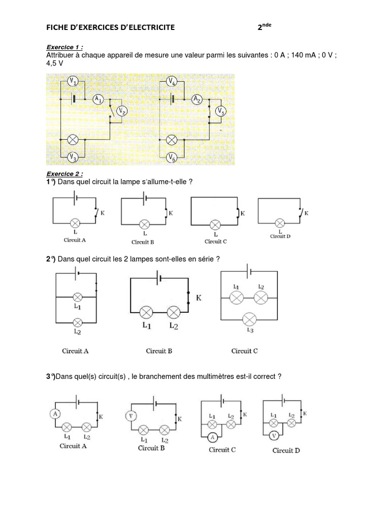 Fiche Exercices Electricite | PDF