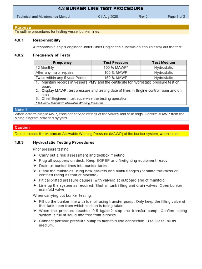 4.8 Bunker Line Test Procedure | PDF | Fuel Oil | Valve