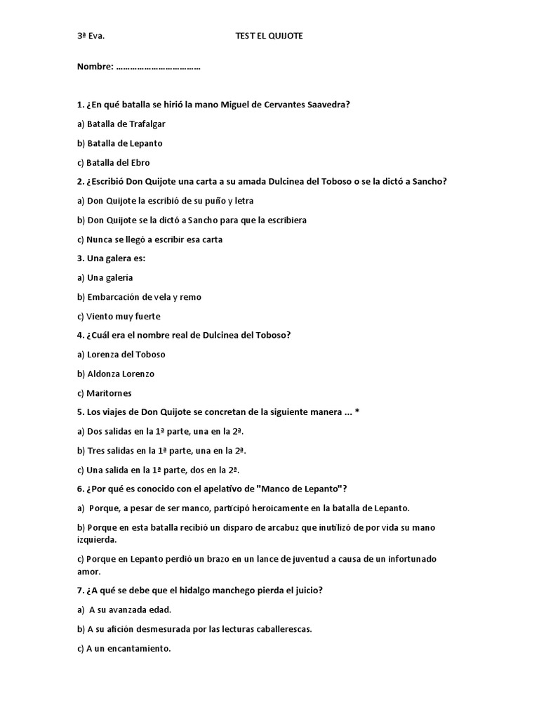 Test de Don Quijote para Bachillerato | PDF | Don Quijote | Novelas ...