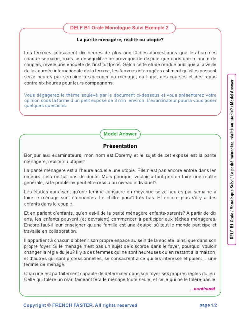 DELF B1 Production Orale Monologue Suivi Exemple 2 | PDF ...