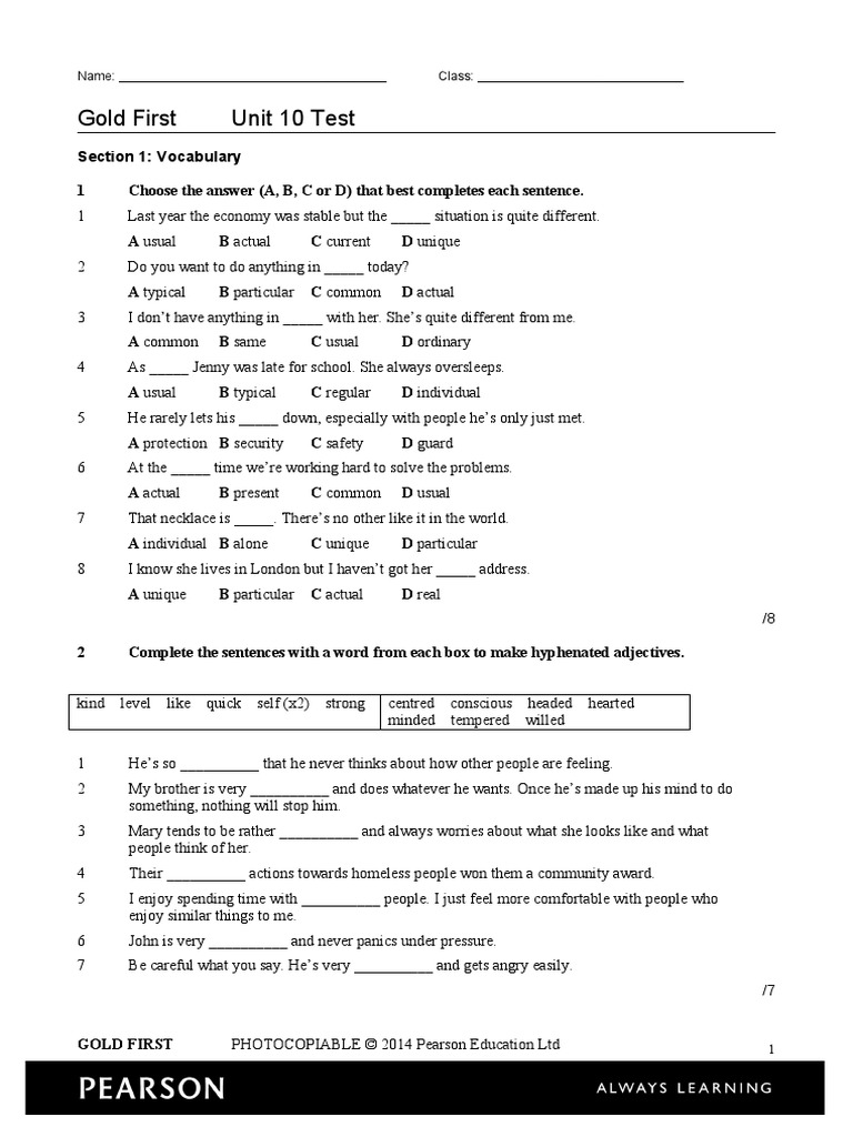Gold First Unit Test 10 | PDF
