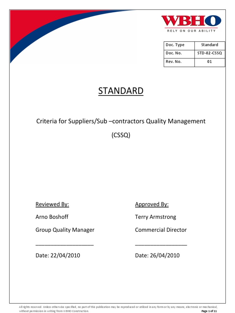 Standard: Criteria For Suppliers/Sub - Contractors Quality Management ...