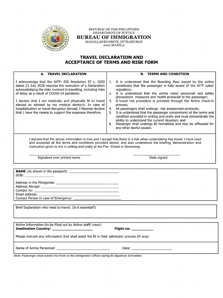 BOI Travel Declaration and Acceptance of Terms and Risks Form | PDF