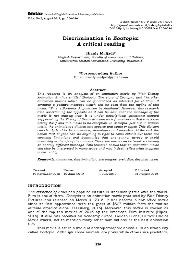 Discrimination in Zootopia: A Critical Reading: Edulite | PDF ...