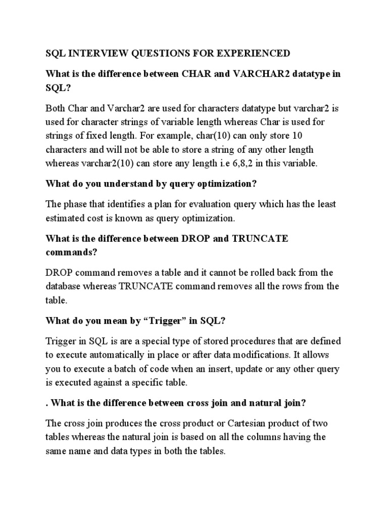 SQL Interview Questions For Experienced | PDF | Sql | Subroutine
