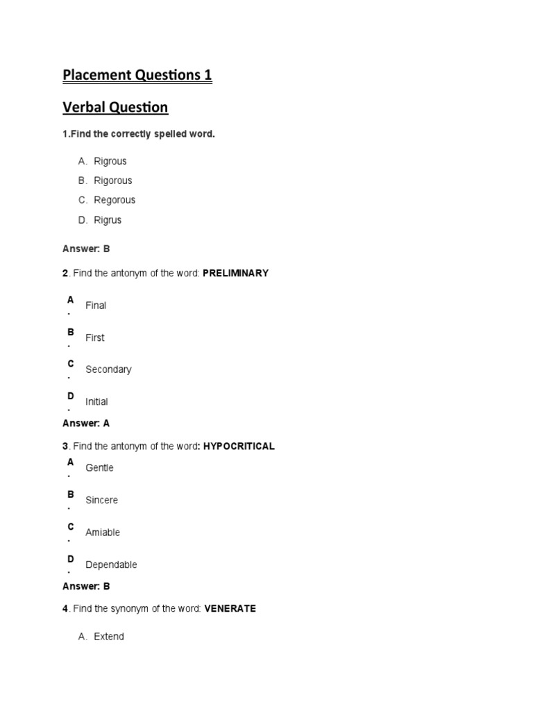 Placement Questions 1 Verbal Question: 1.find The Correctly Spelled ...