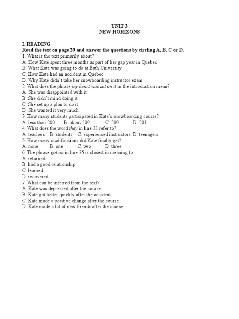 Unit 3 New Horizons I. Reading Read The Text On Page 20 and Answer The ...