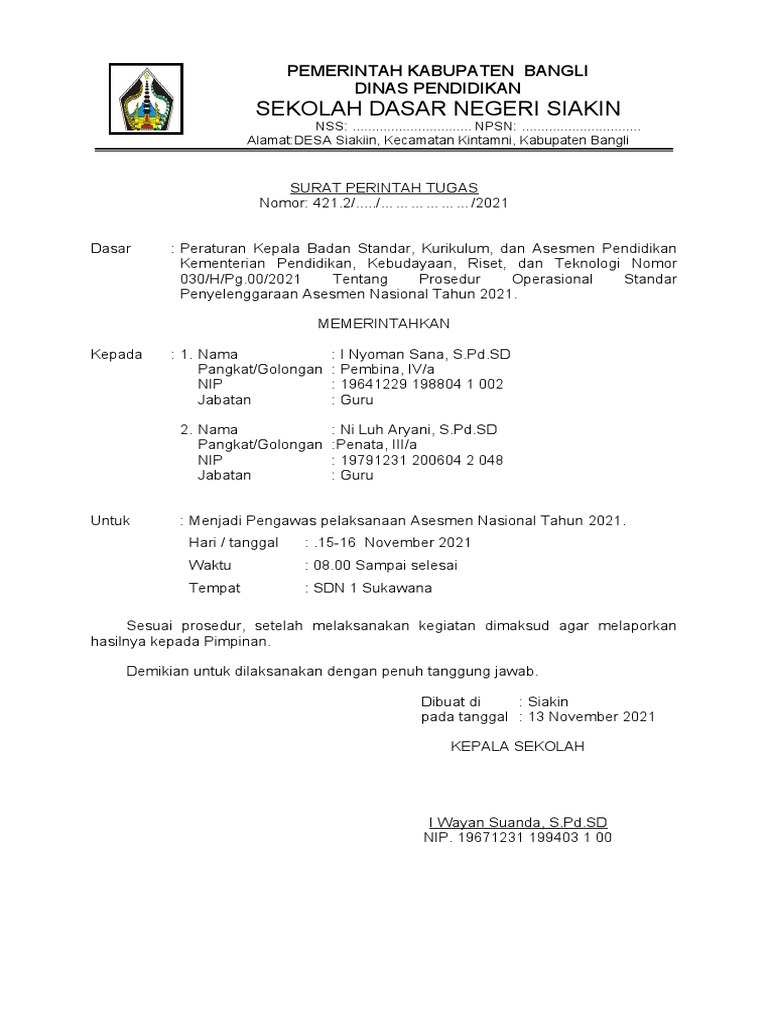 Contoh Surat Tugas Pengawas ANBK SD | PDF
