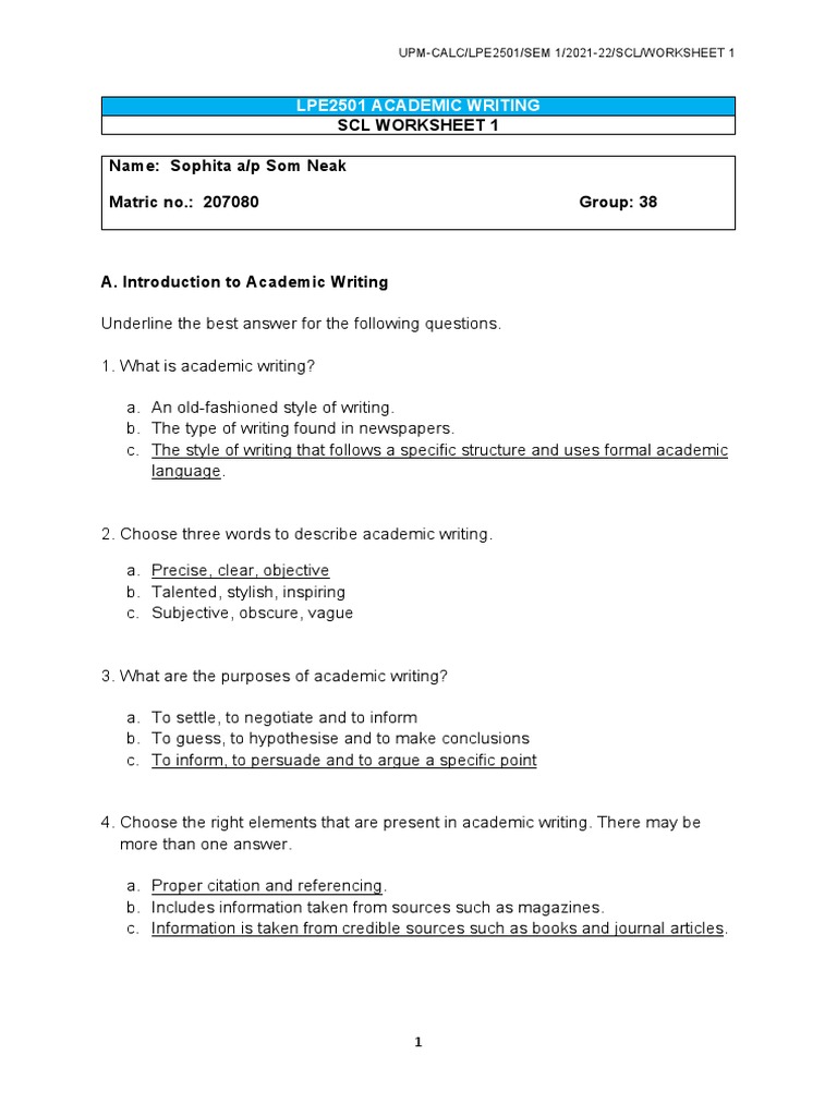 Academic Writing Worksheet | PDF | Linguistics | Cognition