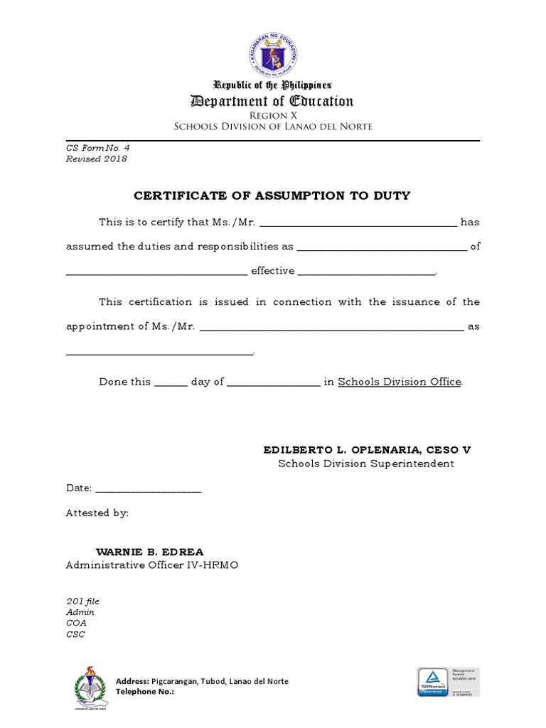CS Form No 4 - Certification of Assumption To Duty | PDF