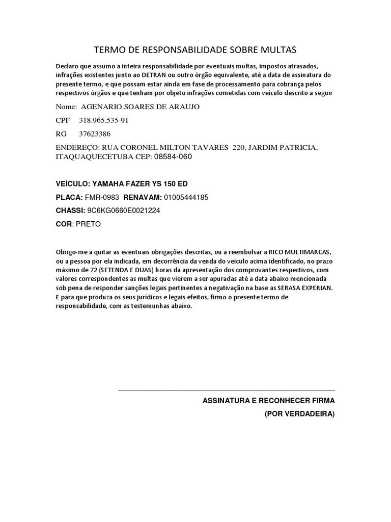 Termo de Responsabilidade Sobre Multas | PDF