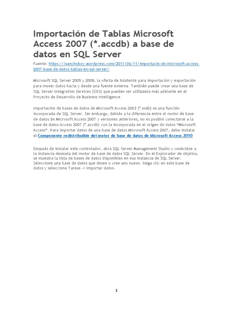 Importar Tablas Access 2007 (Accdb) A BD SQL Server | PDF | Servidor SQL de Microsoft | SQL