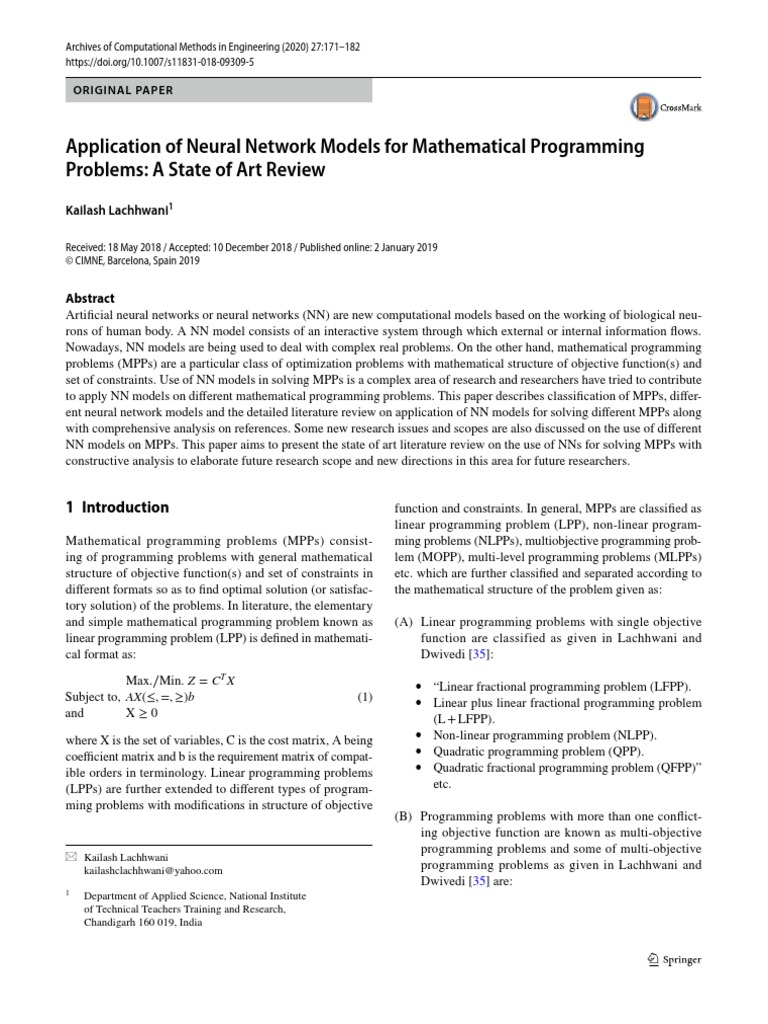 Application of Neural Network Models For Mathematical Programming Problems - A State of The Art ...