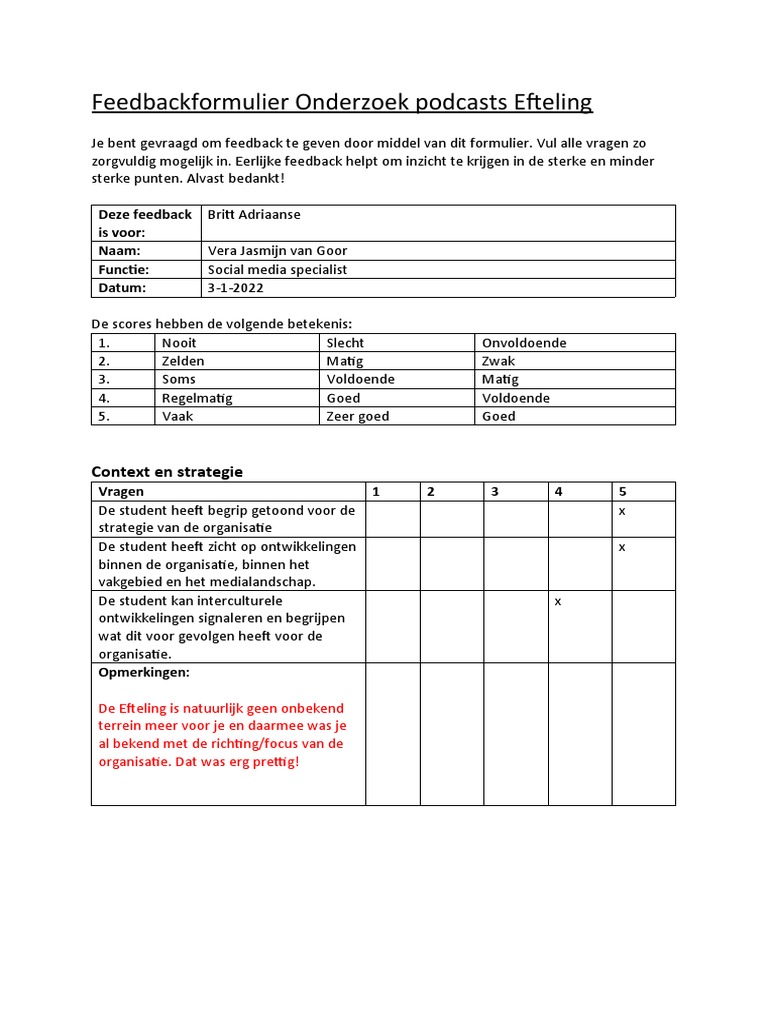 Feedbackformulier Efteling Vera | PDF