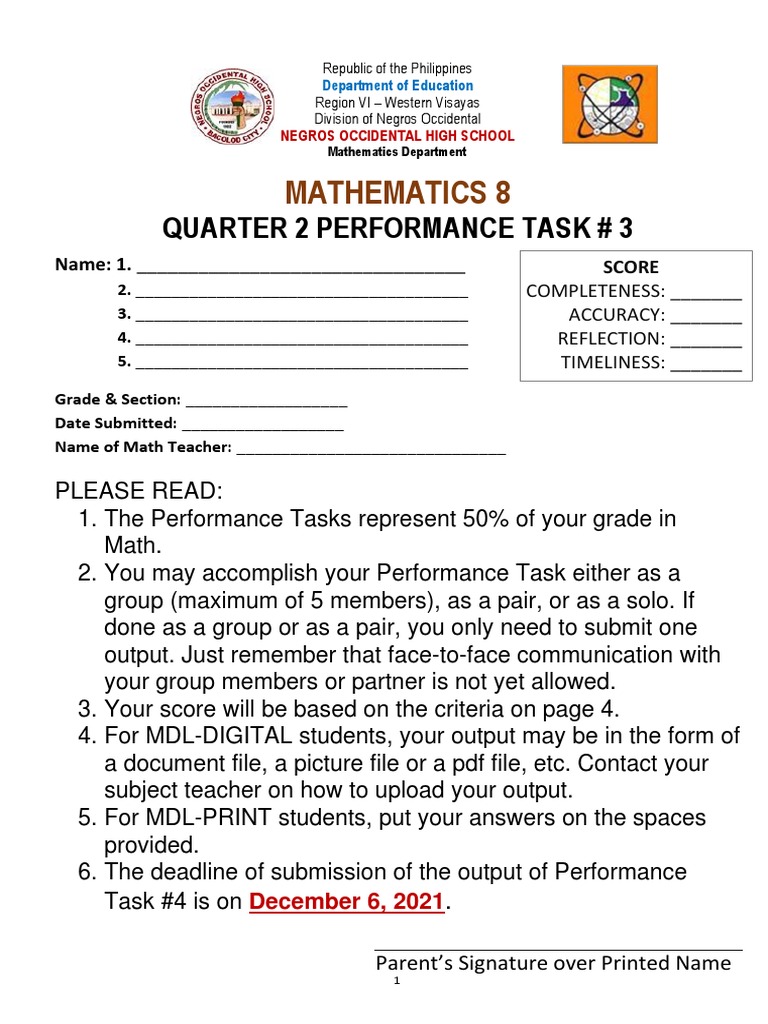 Mathematics 8: Quarter 2 Performance Task # 3 | PDF | Function ...