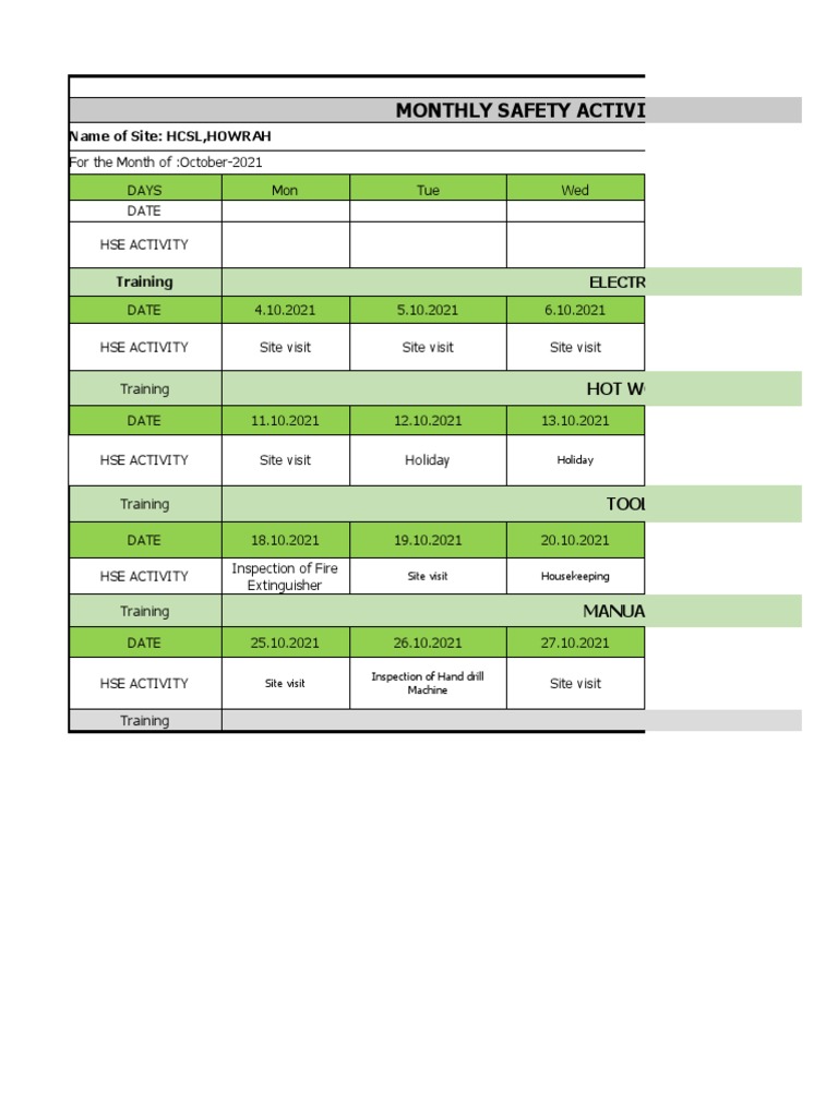 Safety Planner and TBT Roster of HCSL For The Month of Oct-21 | PDF ...