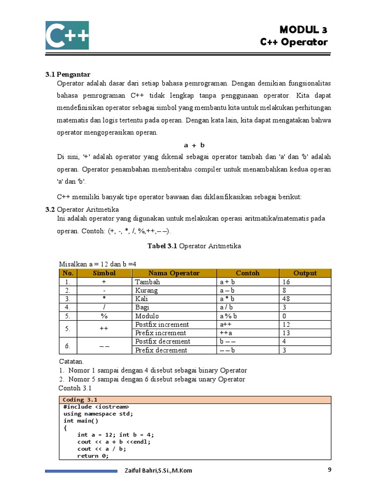 Modul 3. Operator C++ | PDF