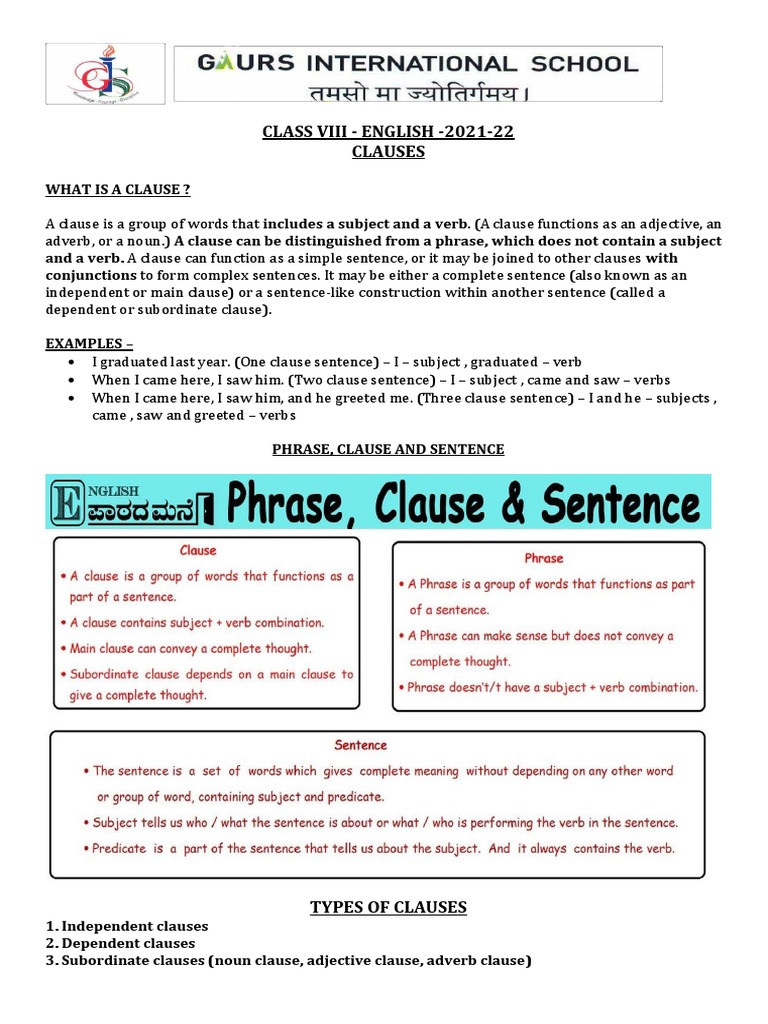 Class Viii - English - 2021-22 Clauses | PDF | Clause | Adverb