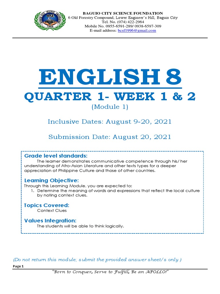 English 8: Quarter 1-Week 1 & 2 | PDF | Learning | Sentence (Linguistics)