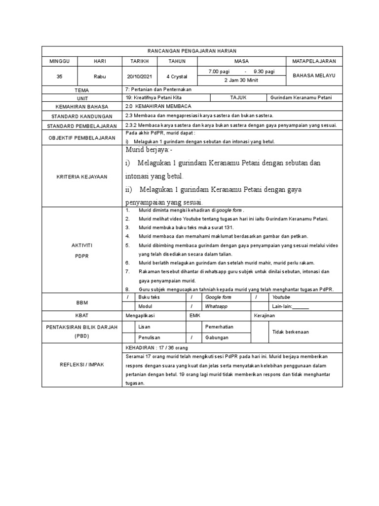 Contoh RPH BM Tahun 4 | PDF
