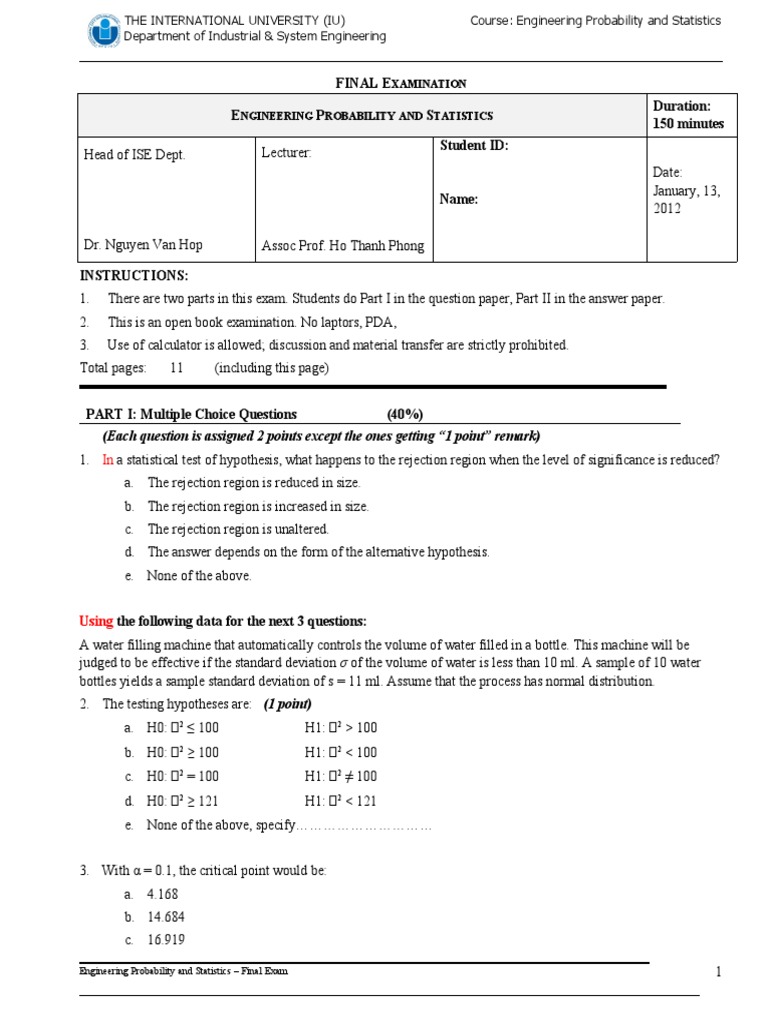 Final Exam - IsE 2019 | PDF | P Value | Statistics