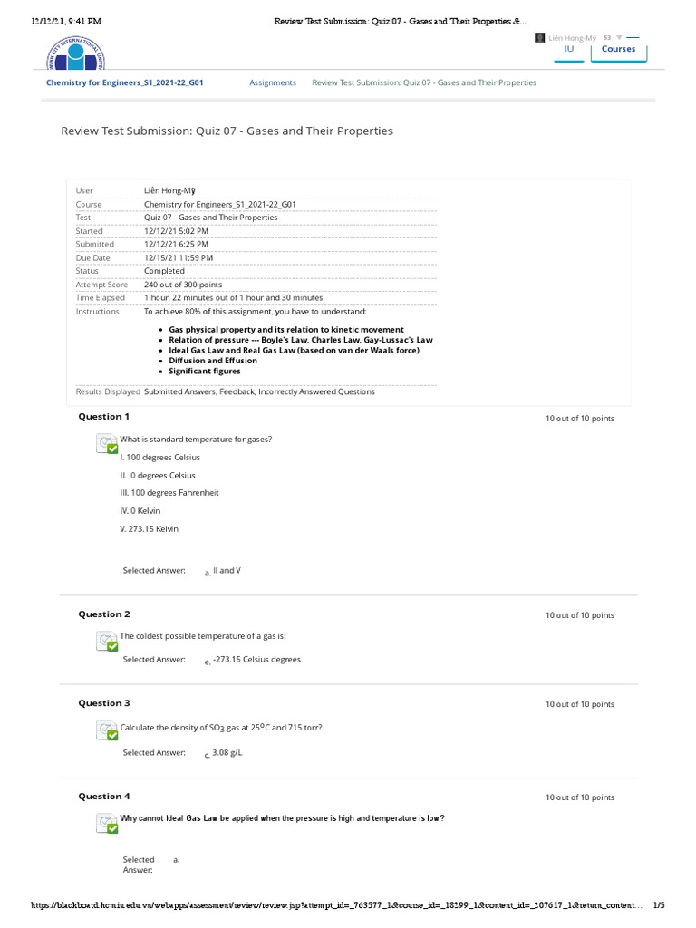 Review Test CHEM - Quiz 07 - Gases and Their Properties &.. | PDF ...