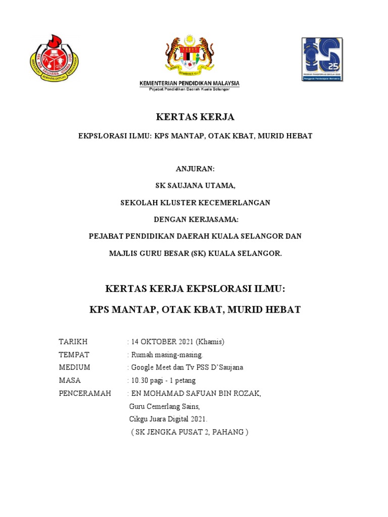 Kertas Kerja: Ekpslorasi Ilmu: Kps Mantap, Otak Kbat, Murid Hebat | PDF