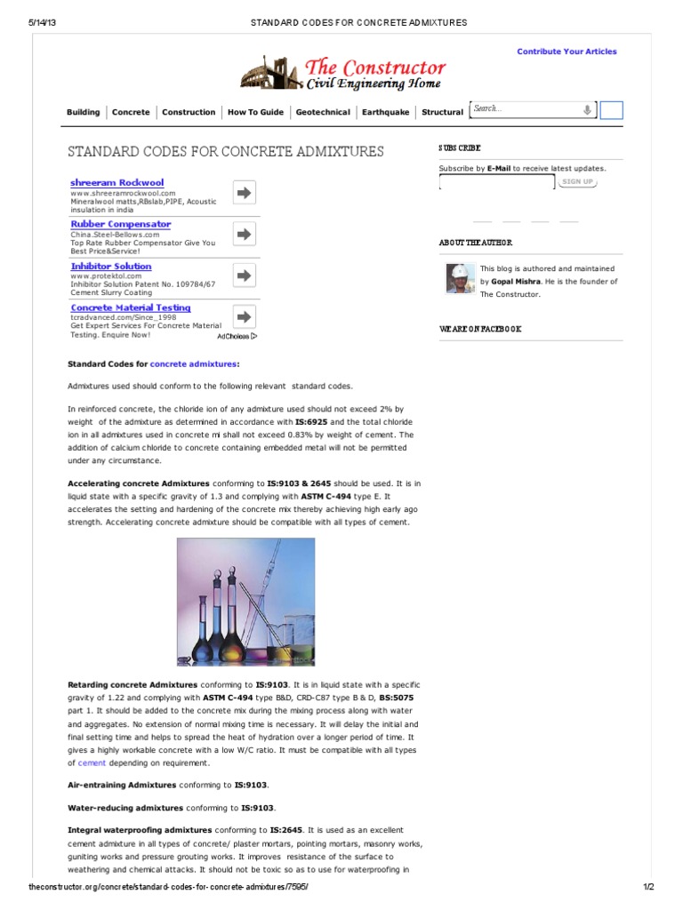Standard Codes For Concrete Admixtures | PDF | Concrete | Cement