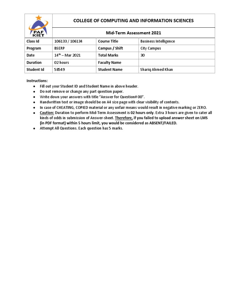 BI MidTerm Submitted by Shariq Ahmed Khan 58549 | PDF | Analytics | Data Warehouse