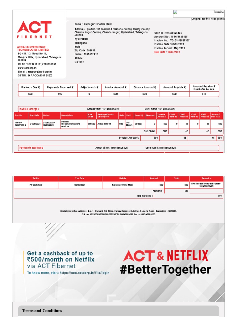 Invoice: Atria Convergence Technologies Limited, Due Date: 10/0 5/2021 ...