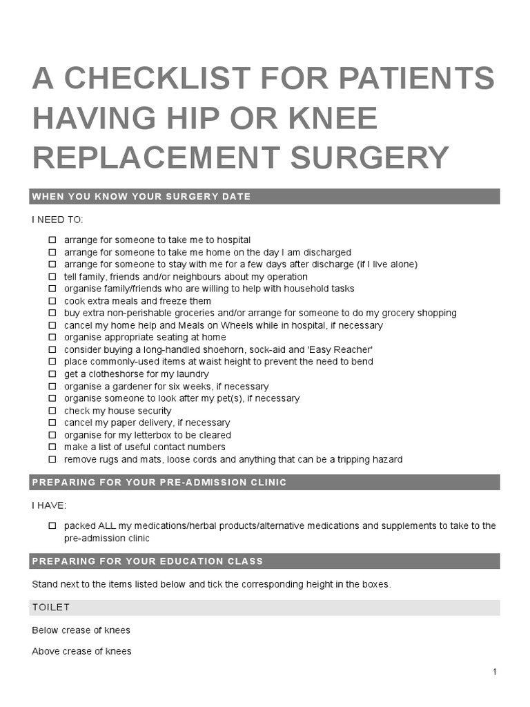 Checklist Patients Having Hip Knee Replacement Surgery | PDF | Medicine ...