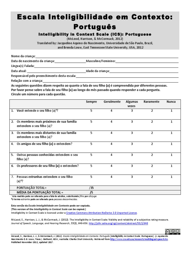 Escala de Inteligibilidade ICS PortugueseBrazilian 2017 | PDF
