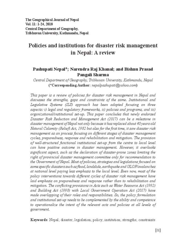 Policies and Institutions For Disaster Risk Management in Nepal: A ...