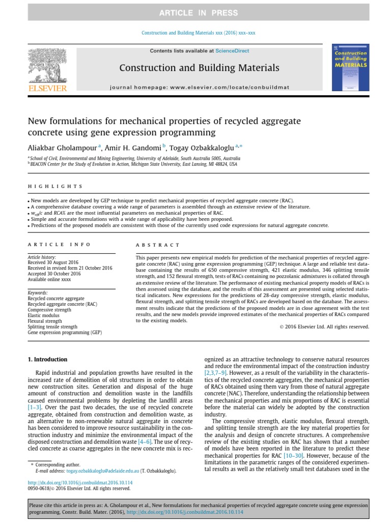 New Formulations For Mechanical Properties of Recycled Aggregate Concrete Using Gene Expression ...